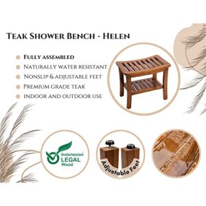 The Teaky Hut Teak Wood Waterproof Shower Bench - with Shelf, 21 Inch, Wooden Seat Stool for Bathroom, Spa, Garden, Fully Assembled