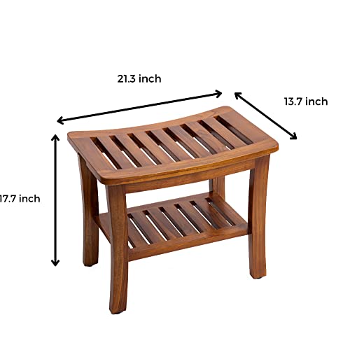 The Teaky Hut Teak Wood Waterproof Shower Bench - with Shelf, 21 Inch, Wooden Seat Stool for Bathroom, Spa, Garden, Fully Assembled