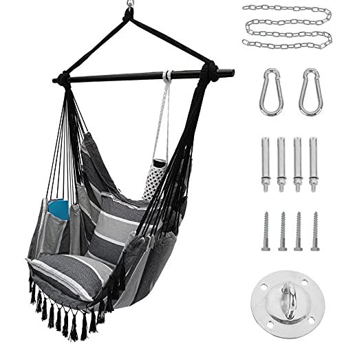 Project One Hanging Rope Hammock Chair, Hanging Rope Swing Seat with 2 Pillows, Carrying Bag, and Hardware Kit Perfect for Outdoor/Indoor Yard Deck Patio and Garden, 300 Pound Capacity (Grey Stripe)