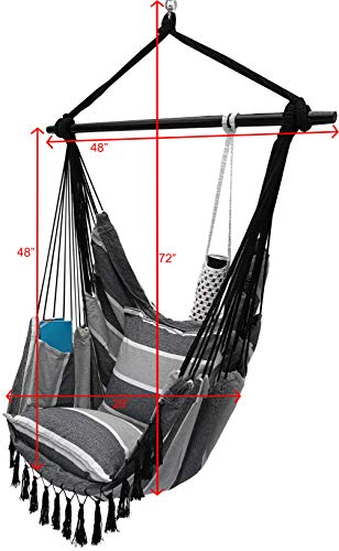 Project One Hanging Rope Hammock Chair, Hanging Rope Swing Seat with 2 Pillows, Carrying Bag, and Hardware Kit Perfect for Outdoor/Indoor Yard Deck Patio and Garden, 300 Pound Capacity (Grey Stripe)