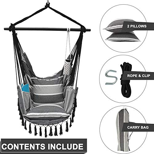 Project One Hanging Rope Hammock Chair, Hanging Rope Swing Seat with 2 Pillows, Carrying Bag, and Hardware Kit Perfect for Outdoor/Indoor Yard Deck Patio and Garden, 300 Pound Capacity (Grey Stripe)