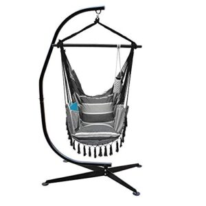 Project One Hanging Rope Hammock Chair, Hanging Rope Swing Seat with 2 Pillows, Carrying Bag, and Hardware Kit Perfect for Outdoor/Indoor Yard Deck Patio and Garden, 300 Pound Capacity (Grey Stripe)