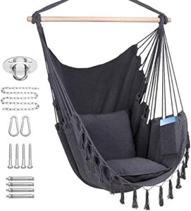 hfkj hammock chair hanging rope swing chair with 2 seat cushions & installation kit, max 330 lbs, handmade macrame hanging chair for bedroom patio yard garden, dark grey