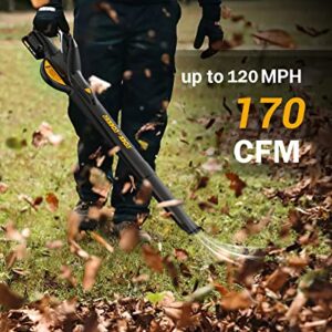 Cordless Leaf Blower with 2 X 20V Battery and Charger, Rock&Rocker Electric Leaf Blower 120MPH/170CFM 6 Adjustable Speeds and 2 Adjustable Tubes for Lawn Care/Yard/Jobsite/Patio