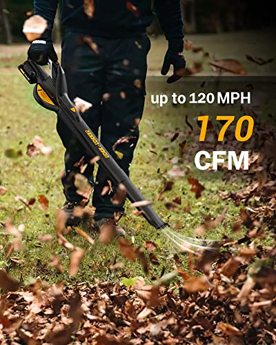 Cordless Leaf Blower with 2 X 20V Battery and Charger, Rock&Rocker Electric Leaf Blower 120MPH/170CFM 6 Adjustable Speeds and 2 Adjustable Tubes for Lawn Care/Yard/Jobsite/Patio