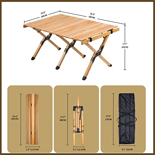 Pluatyep Travel Camping 4ft Folding Low Height Table Portable Wooden Outdoor Picnic Table Cake Roll Wooden Table with a Carry Bag for Picnic BBQ Camp Travel Patio Backyard Beach(Medium Table)