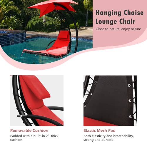 Greesum Hanging Curved Lounge Chaise Chair, Hammock Swing Chaise Chair, Floating Bed Furniture with Pillows, Canopy, Orange