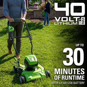 Greenworks 40V 19" Brushless (2-In-1) Lawn Mower, 4Ah USB (Power Bank) Battery and Charger Included MO40L414