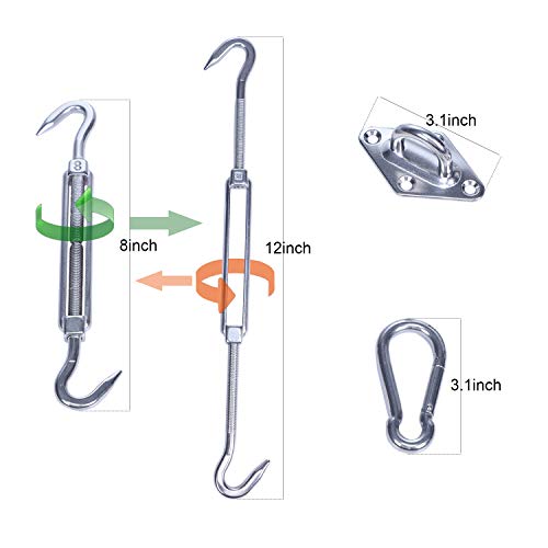 Cool Area 8 Inch Stainless Steel Hardware Kit for Triangle Sun Shade Sail Installation, Turnbuckle x2 Pad Eye x3 Snap Hook x1