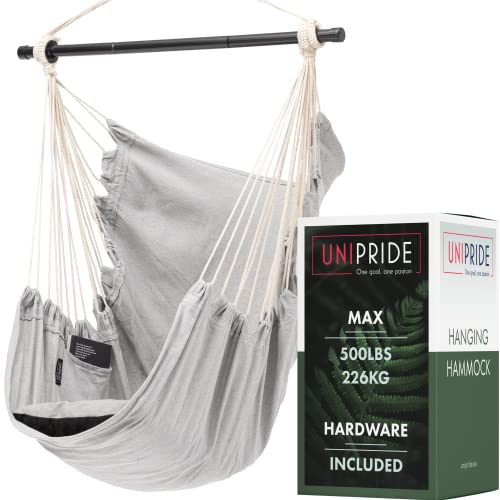 UNIPRIDE Hammock Chair Swing (Heavy Duty) Stylish for Indoor & Outdoor - Full Hanging Hardware & Pillows Included I Beautiful for Porch & Patio I Fun for Kids and Adults