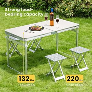 VIVOHOME 4 FT Aluminum Portable 3 Adjustable Height Folding Picnic Table with 4 Stools Set Lightweight for Camping BBQ Party Backyard Indoor Outdoor