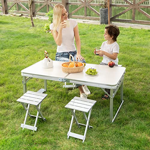 VIVOHOME 4 FT Aluminum Portable 3 Adjustable Height Folding Picnic Table with 4 Stools Set Lightweight for Camping BBQ Party Backyard Indoor Outdoor