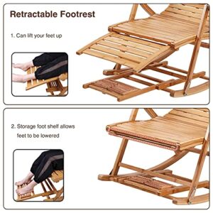 Wisfor Bamboo Lounge Chair Large Adjustable Rocking Chair Reclining Patio Chair with Headrest Pillow and Foot Massage Board for Max Loading Weight 441lbs