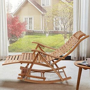 Wisfor Bamboo Lounge Chair Large Adjustable Rocking Chair Reclining Patio Chair with Headrest Pillow and Foot Massage Board for Max Loading Weight 441lbs