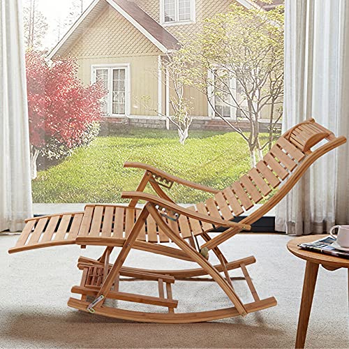 Wisfor Bamboo Lounge Chair Large Adjustable Rocking Chair Reclining Patio Chair with Headrest Pillow and Foot Massage Board for Max Loading Weight 441lbs