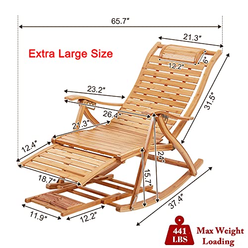 Wisfor Bamboo Lounge Chair Large Adjustable Rocking Chair Reclining Patio Chair with Headrest Pillow and Foot Massage Board for Max Loading Weight 441lbs