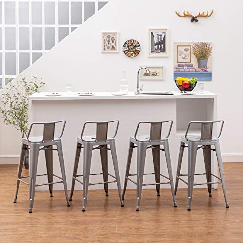 Tongli Metal Bar Stools Set of 4 Barstools Counter Height Bar Stools with Back Industrial Bar Stool Indoor Counter Stool Kitchen Island Stools Modern Bar Chair 26inch Silver