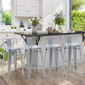 Tongli Metal Bar Stools Set of 4 Barstools Counter Height Bar Stools with Back Industrial Bar Stool Indoor Counter Stool Kitchen Island Stools Modern Bar Chair 26inch Silver