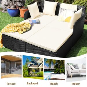 Salches Outdoor Rattan Daybed, Patio Loveseat Sofa Set w/Comfortable Cushions, Extra Pillows & Metal Foot, Sunbed Wicker Furniture for Yard/Poolside/Living Room/Garden/Porch (White)