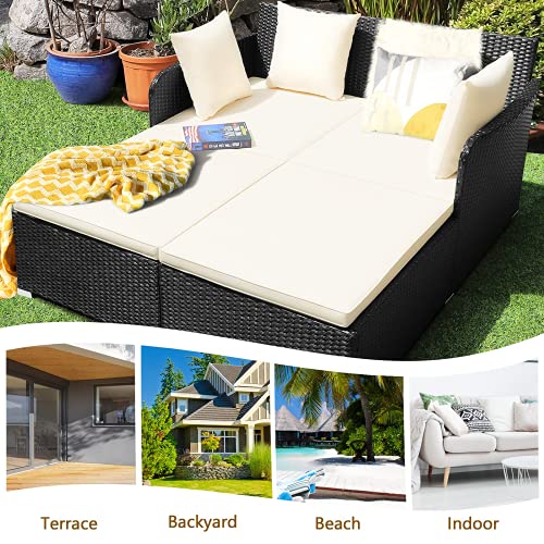 Salches Outdoor Rattan Daybed, Patio Loveseat Sofa Set w/Comfortable Cushions, Extra Pillows & Metal Foot, Sunbed Wicker Furniture for Yard/Poolside/Living Room/Garden/Porch (White)