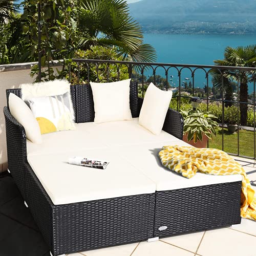 Salches Outdoor Rattan Daybed, Patio Loveseat Sofa Set w/Comfortable Cushions, Extra Pillows & Metal Foot, Sunbed Wicker Furniture for Yard/Poolside/Living Room/Garden/Porch (White)