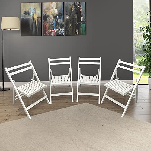 Set of 4 Folding Wood Chairs Slatted Wooden Slatted Seat for Indoor & Outdoor Dining Room Kitchen Balcony Wedding Occasion Events - White Wood