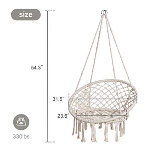 SUNCREAT Hammock Chair Macrame Swing with Side Pocket, Hanging Cotton Rope Hammock Swing Chair for Indoor and Outdoor Use, 330 lbs Capacity, Beige