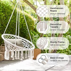 SUNCREAT Hammock Chair Macrame Swing with Side Pocket, Hanging Cotton Rope Hammock Swing Chair for Indoor and Outdoor Use, 330 lbs Capacity, Beige