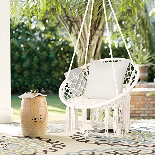 SUNCREAT Hammock Chair Macrame Swing with Side Pocket, Hanging Cotton Rope Hammock Swing Chair for Indoor and Outdoor Use, 330 lbs Capacity, Beige