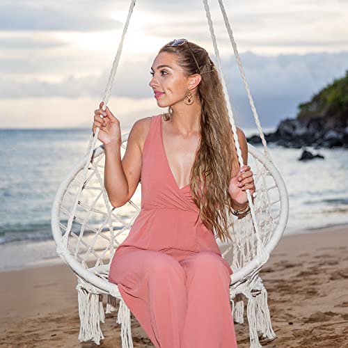 SUNCREAT Hammock Chair Macrame Swing with Side Pocket, Hanging Cotton Rope Hammock Swing Chair for Indoor and Outdoor Use, 330 lbs Capacity, Beige