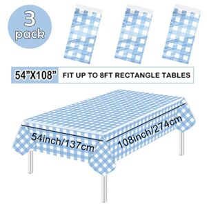 HEIPINIUYE 3 Pack Light Blue and White Checkered Tablecloth 54 ×108 Disposable Plastic Picnic Table Cover Rectangle Gingham Table Cloths for Indoor Outdoor Picnic Wedding Birthday Camping Camping