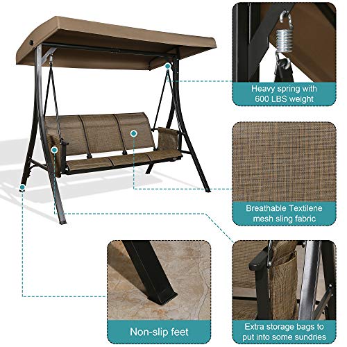 Iwicker Patio 3-Seater Porch Hammock Swing Chair Outdoor Swing Glider Bench with Stand, Textilene Mesh Sling Seats and Convertible Canopy (Brown)