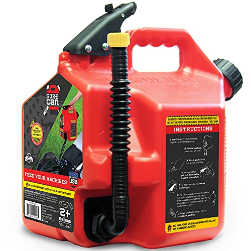 SureCan 2 Gallon Self Venting Gasoline Fuel Can Container with 180 Degree Rotating Nozzle, Thumb Trigger Flow Control, & Child Safe Fill Cap, Red