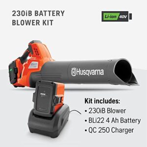 Husqvarna 230iB Battery Powered Cordless Leaf Blower, 136-MPH 650-CFM Electric Leaf Blower with Brushless Motor and Quiet Operation, 40V Lithium-Ion Battery and Charger Included