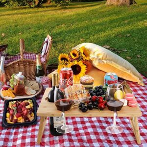 Peohud Portable Wine Picnic Table, Foldable Champagne Picnic Snack Table Tray, Wooden Outdoor Picnic Table with Glass Holder for Park, Beach, Camping, Bed, Wine Lover Gift