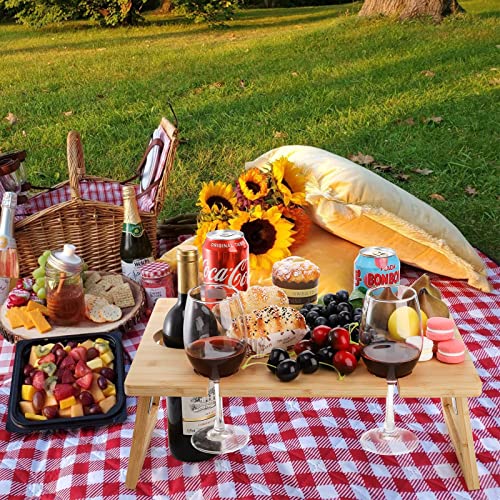 Peohud Portable Wine Picnic Table, Foldable Champagne Picnic Snack Table Tray, Wooden Outdoor Picnic Table with Glass Holder for Park, Beach, Camping, Bed, Wine Lover Gift