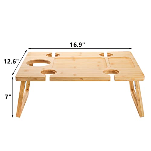 Peohud Portable Wine Picnic Table, Foldable Champagne Picnic Snack Table Tray, Wooden Outdoor Picnic Table with Glass Holder for Park, Beach, Camping, Bed, Wine Lover Gift