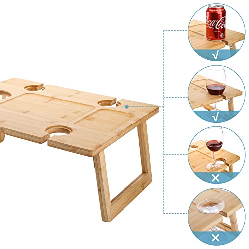 Peohud Portable Wine Picnic Table, Foldable Champagne Picnic Snack Table Tray, Wooden Outdoor Picnic Table with Glass Holder for Park, Beach, Camping, Bed, Wine Lover Gift