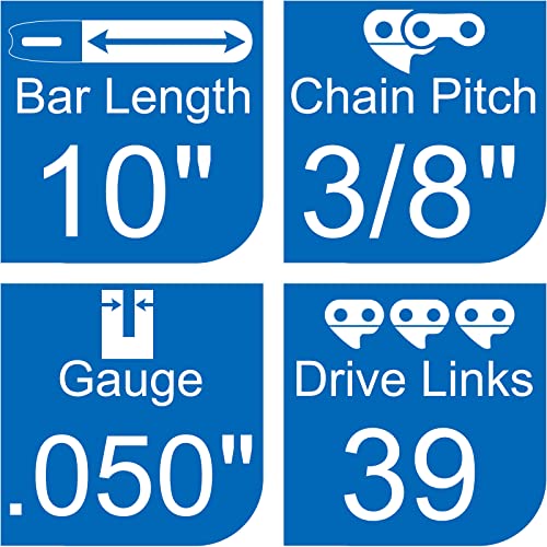 Opuladuo 10 Inch Pole Saw Chain for Harbor Freight Atlas 56934, 10" Polesaw Chain for Makita EY401MP EY2650H25H, Chainsaw Chain for Poulan PLN1510 and Echo Models - 3/8" - .050" - 39 Drive Links