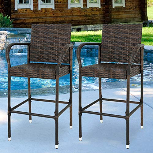 Oteymart Set of 2 Outdoor Wicker Rattan Bar Stool with Armrest Footrest Outdoor Patio Furniture Barstool Chairs All Weather UV Resistant Club Chair Patio Dining Chairs, Brown