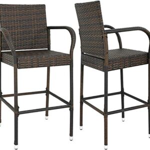 Oteymart Set of 2 Outdoor Wicker Rattan Bar Stool with Armrest Footrest Outdoor Patio Furniture Barstool Chairs All Weather UV Resistant Club Chair Patio Dining Chairs, Brown