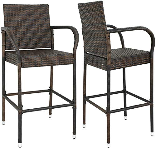 Oteymart Set of 2 Outdoor Wicker Rattan Bar Stool with Armrest Footrest Outdoor Patio Furniture Barstool Chairs All Weather UV Resistant Club Chair Patio Dining Chairs, Brown