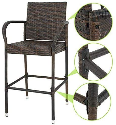 Oteymart Set of 2 Outdoor Wicker Rattan Bar Stool with Armrest Footrest Outdoor Patio Furniture Barstool Chairs All Weather UV Resistant Club Chair Patio Dining Chairs, Brown