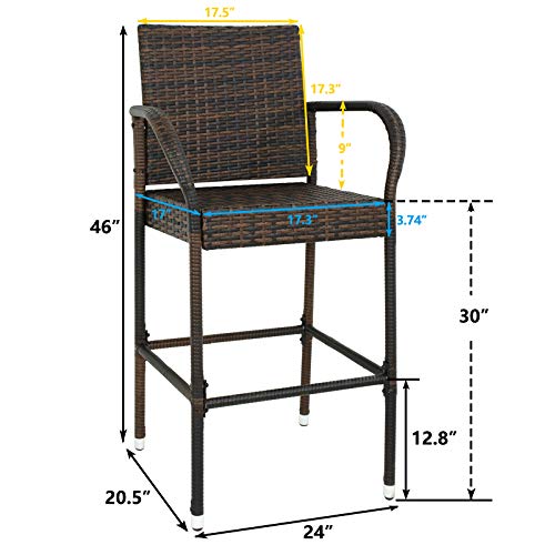 Oteymart Set of 2 Outdoor Wicker Rattan Bar Stool with Armrest Footrest Outdoor Patio Furniture Barstool Chairs All Weather UV Resistant Club Chair Patio Dining Chairs, Brown