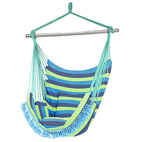 Gold Armour Hammock Chair Hanging Rope Swing Max 500lbs, 2 Seat Cushions Included, Hanging Chair with Pocket-Quality Cotton Weave for Superior Comfort & Durability (Blue Green Stripe)