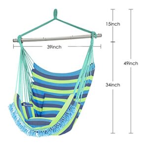 Gold Armour Hammock Chair Hanging Rope Swing Max 500lbs, 2 Seat Cushions Included, Hanging Chair with Pocket-Quality Cotton Weave for Superior Comfort & Durability (Blue Green Stripe)