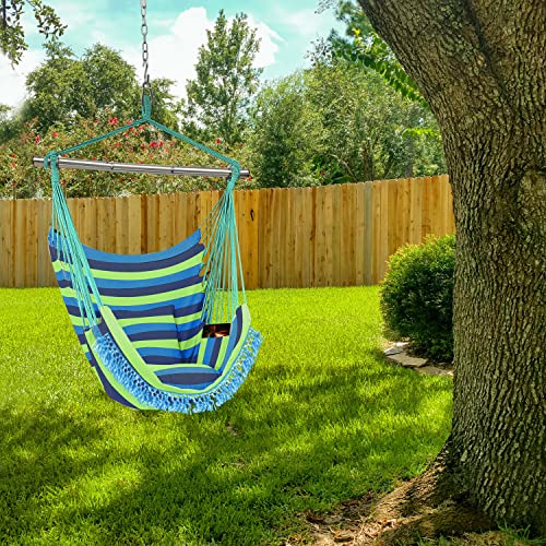 Gold Armour Hammock Chair Hanging Rope Swing Max 500lbs, 2 Seat Cushions Included, Hanging Chair with Pocket-Quality Cotton Weave for Superior Comfort & Durability (Blue Green Stripe)