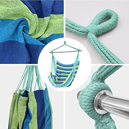 Gold Armour Hammock Chair Hanging Rope Swing Max 500lbs, 2 Seat Cushions Included, Hanging Chair with Pocket-Quality Cotton Weave for Superior Comfort & Durability (Blue Green Stripe)