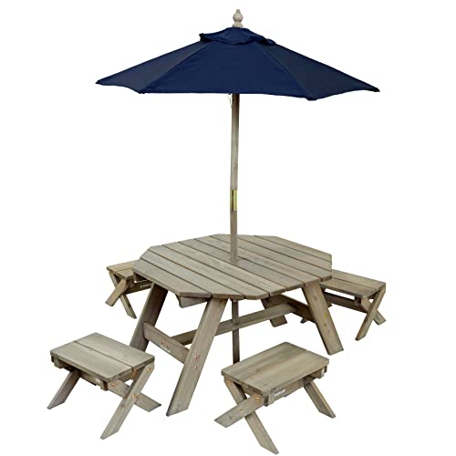 KidKraft Wooden Octagon Table, Stools & Umbrella Set, Kids’ Outdoor Furniture, Barnwood Gray & Navy