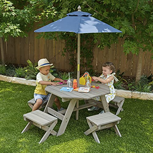 KidKraft Wooden Octagon Table, Stools & Umbrella Set, Kids’ Outdoor Furniture, Barnwood Gray & Navy